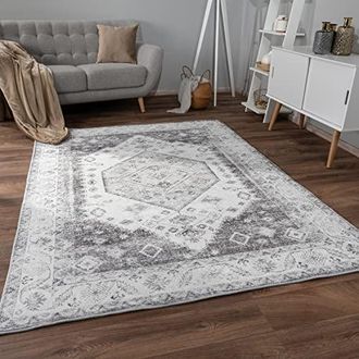 Paco Home Tapis Salon Chambre Adulte Poils Ras Motif Oriental Ornements Moelleux Vintage Moderne avec Bordure, Dimension:120x160 cm, Couleur:Gris 2