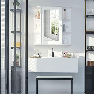HOMCOM Armoire Murale avec Miroir Salle de Bain Meuble Miroir avec Rangement Toilettes 1 Porte + &eacute;tag&egrave;res lat&eacute;rales Blanc