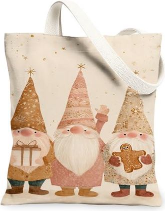 Generic Sacs fourre-tout en toile avec motif de nains de No&euml;l, sacs de courses r&eacute;utilisables, l&eacute;gers et lavables avec bandouli&egrave;re, beige, 13x15 Inch