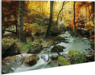 Wallario Schl&uuml;sselbrett aus Glas 30 x 20 cm, Wand Schl&uuml;sselhalter mit 4 Haken, Motiv: Wasserfall mit moosbedeckten Steinen im Herbstwald