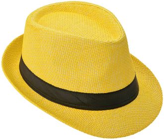 Miobo Strohhut Panama Fedora Trilby Gangster Hut Sonnenhut mit Stoffband Farbe:-Gelb (Strohhut) Gr:-54