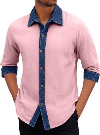 Generic Chemise habill&eacute;e pour homme adulte boutonn&eacute;e en denim patchwork &agrave; manches longues, coupe droite, chemise daffaires, col &agrave; revers, haut formel, tendanc