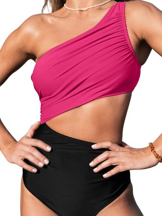 Cupshe Einteiliger Damen-Badeanzug, einteilig, einteilig, Farbblock, seitlicher Ausschnitt, gerüscht