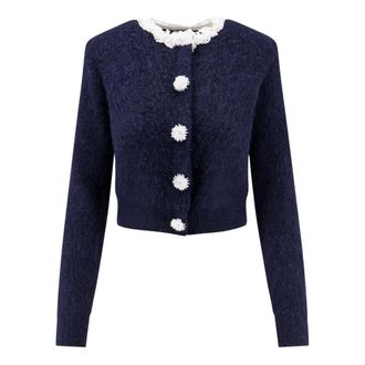 Self Portrait Femme, Pulls, Bleu, Taille: 40 FR Cardigan &agrave; boutons perle fleur