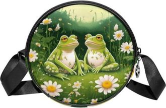 Generic Sac &agrave; bandouli&egrave;re rond pour femme, grenouilles, marguerites, petit sac &agrave; bandouli&egrave;re avec fermeture &eacute;clair, bretelles r&eacute;glables, sac &agrave; main rond d&eacute;con