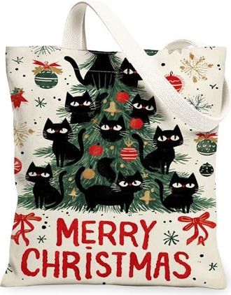Generic Sac fourre-tout en toile motif chat de No&euml;l, motif f&eacute;lin mignon, sacs d&eacute;picerie r&eacute;utilisables, festifs, l&eacute;gers et lavables, Blanc, 13x15 Inch