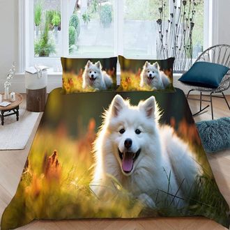 Generic Bettw&auml;sche 135x200 cm Samojede 3 Teilig Bettbezug 135 x 200 Herbstgras Bettw&auml;sche-Sets 3D Weiche Mikrofaser Bettbezug Set mit Rei&szlig;verschluss + 2 Kisse