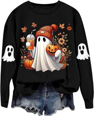 Generic Pull en polaire pour femme - Sweat-shirt dHalloween mignon - Pull graphique mignon - Imprimé citrouille dHalloween - Pull à manches longues, Noir, S