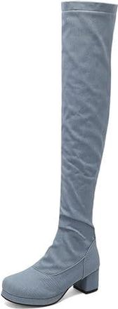Generic Femmes Mode Denim au-dessus du genou bottes avec fermeture éclair confort bout rond talon bloc chaussures dhiver chaudes, bleu clair, 37.5 EU