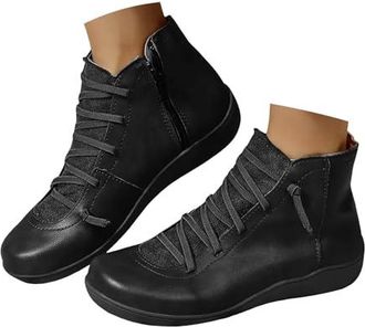 Generic Bottines de cowboy pour femme, cuir vintage, confortables, l&eacute;g&egrave;res, fermeture &eacute;clair, bottes occidentales &agrave; talon bas plat avec soutien de la vo&ucirc;te pl