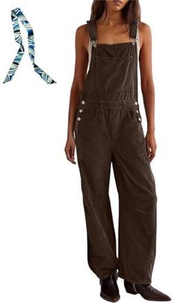 Generic Salopette ample en velours c&ocirc;tel&eacute; pour femme, combinaison &agrave; jambes larges, bretelles r&eacute;glables d&eacute;contract&eacute;e avec poches, marron, XL