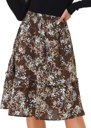 Allegra K Damen Sommer R&uuml;schen Rock Saum Blumen A-Linie Hohe Taille Knielang Midirock Braun XL