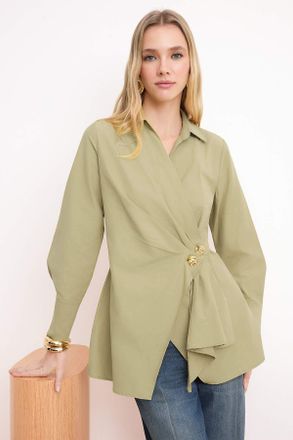 Trendyol Modest Damen Khaki Einfarbig Lang Regular Fit Modest Hemden