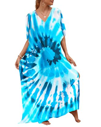 Bsubseach Lose Kaftan Kleider für Frauen Kurzarm Badeanzug Cover Up Casual Urlaub Outfits Bunt Blaue Wirbel