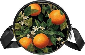 Generic Petit sac &agrave; bandouli&egrave;re circulaire pour femme, motif feuilles de mandarine, floral, petit sac &agrave; dos &agrave; bandouli&egrave;re avec fermeture &eacute;clair, bretelles r&eacute;g