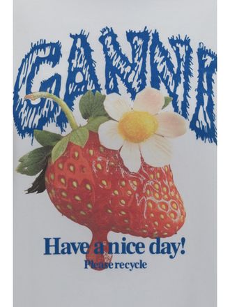 Ganni Womens Long-Sleeve Cotton T-Shirt Strawberry Print Bright White T-Shirts & Jerseys