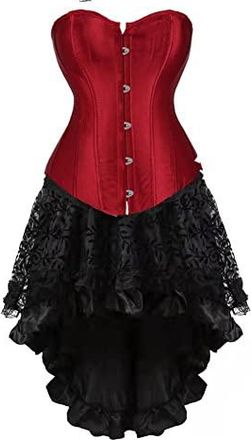 Grebrafan Corset Satin et Jupe Tulle Deguisement Gothique Femme Bustier (EUR(36-38) L, Vin Rouge)