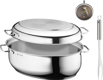WMF Bräter mit Deckel backofengeeignet, 8,5l, Bräter Induktion, Cromargan Edelstahl, Induktionsdeckel, Bratenthermometer, Fleischgabel, 41x28,5x18cm