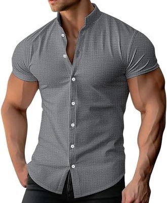 Generic Chemise d&eacute;t&eacute; en coton et lin pour homme - Style d&eacute;contract&eacute; - Couleur unie - Col montant - Manches courtes - Tunique l&eacute;g&egrave;re, gris, XXL