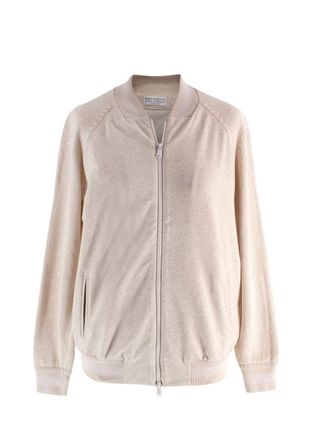 Brunello Cucinelli Beige Knit Sleeve Jersey Bomber Jacket Size M