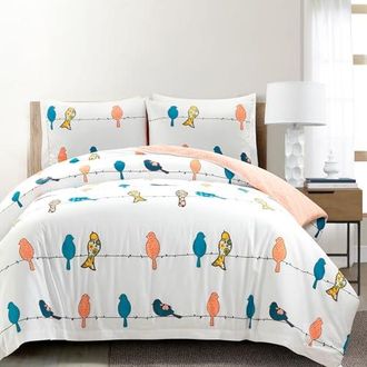 Lush D&eacute;cor Rowley Birds Wende-Bettw&auml;sche-Set, Baumwolle, 3-teilig, Kingsize-Bett, Mehrfarbig