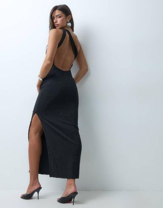 Tfnc robe longue noire &agrave; une &eacute;paule avec d&eacute;tail dos nu en strass
