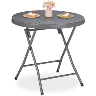 Relaxdays Relaxdays - Table de jardin pliante, 74 x 80 cm, aspect rotin, en plastique et acier, r&eacute;sistante aux intemp&eacute;ries, grise
