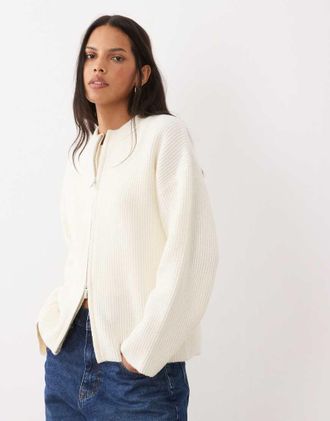 4th & Reckless bomber en maille &agrave; col montant et double zip cr&egrave;me-Blanc