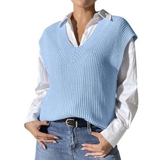 Generic Gilet sans Manche Femme Gilet Femme D&eacute;contract&eacute; Quotidien Ville Tricot Uni Ample Col V - Pull Mignon sans Manches pour Superposition D&eacute;tendue