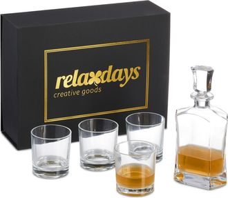 Relaxdays Whisky Set, 5-teilig, Whiskykaraffe 700 ml, 4 Whiskygl&auml;ser 345 ml, Geschenkbox, Cognac Dekanter, transparent