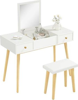HOMCOM Coiffeuse avec Miroir et Tabouret, Table de Maquillage avec 2 tiroirs et Miroir Rabattable, Coussin rembourr&eacute;, Bureau Coiffeuse, 100 x 45 x 118 cm, Bl