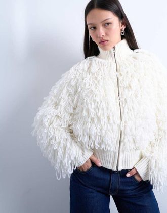 Topshop Gilet zipp&eacute; en tricot bouclette avec col chemin&eacute;e - Ivoire-Blanc
