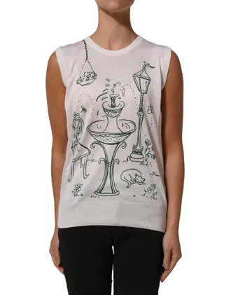 Dolce & Gabbana Womens White Silk Knit Garden Fountain Print Tank Top