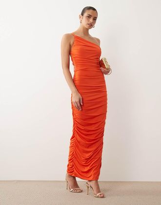 Tfnc Robe longue pr&egrave;s du corps coupe asym&eacute;trique fronc&eacute;e &agrave; dos ouvert - Orange