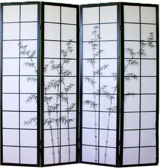 PEGANE Paravent bois noir avec dessin bambou noir - 4 pans