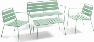 Oviala Salon de jardin 4 places et 1 table basse en acier vert sauge - Palavas