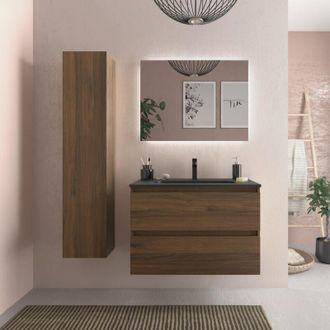 Cygnus Bath Meuble de salle de bain BEQUIA 80cm Noyer Vasque Noir Porcelaine Centrale