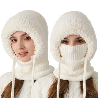 Generic Bonnet 3 en 1 avec &eacute;charpe et masque, bonnet 3 en 1 pour femme, &eacute;charpe de ski tricot&eacute;e et masque, cagoule, blanc, taille unique