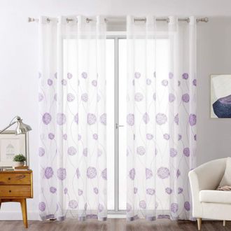 Miulee Vorhänge mit Florales Stickerei, Gardinen Weiß mit Lila Muste für Wohnzimmer, Schlafzimmer Vorhang Transparent mit Ösen, 2er Set Voile Blumen Durchsic