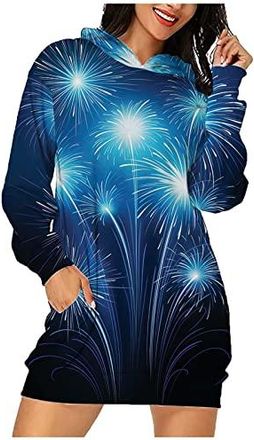 Generic Robes amincissantes 2026 pour femmes, chandail &agrave; capuche, manches longues, robe pull midi surdimensionn&eacute;e imprim&eacute;e avec poche, bleu, XL