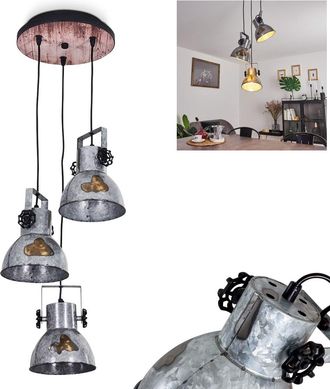 HOFSTEIN Hängeleuchte Hora, 3-flammige Pendellampe aus Stahl in Schwarz/Silber mit Holzoptik, Vintage Deckenlampe, 3 x E27-Fassung,ohne Leuchtmittel