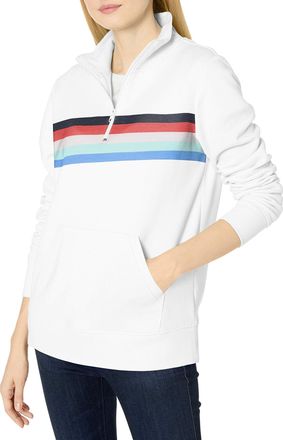 Amazon Essentials Damen Langarm-Oberteil aus Fleece mit Viertelreißverschluss (in Übergröße erhältlich), Rot Weiß Platzierter Streifen, XXL