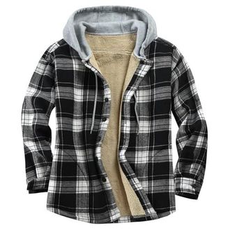 Generic Veste chemise &agrave; carreaux en coton pour homme - Fermeture &eacute;clair int&eacute;grale - Veste &agrave; capuche en polaire dagneau avec boutons - &Eacute;l&eacute;gant manteau dhiver c