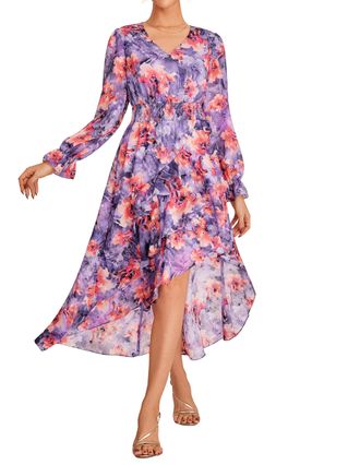 Grace Karin Damen Kleider A-Linien Langarm Blumenkleid V-Ausschnitt Sommerkleid Damen Leicht und Luftig Kleider f&uuml;r Hochzeitsg&auml;ste Lila-rote Blume XL