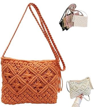 Generic Pochette minimaliste &agrave; pompons pour femme - Sac r&eacute;tro en corde de coton tiss&eacute; &agrave; la main, sac &agrave; main pour les vacances, la plage boh&egrave;me, Orange, One Si