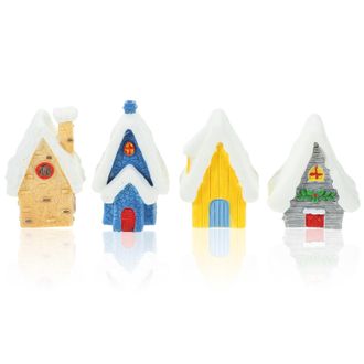 SOLUSTRE 4 Stück Weihnachtsdorfhaus aus Kunstharz Minihaus Dekoration in Gelb Beige Blau und Grau Weihnachtsdeko für Schreibtisch Garten und Puppenhaus