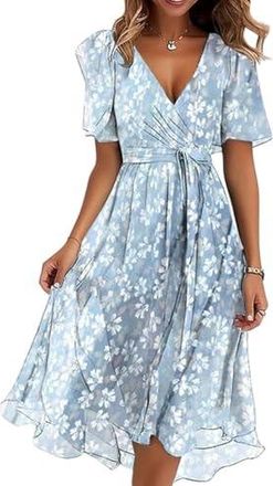 Onsoyours Femme Été Robe en Mousseline Col en V Élégant Au Genou Cocktail Soirée Robes Manches Courtes À Fleur Imprimé Mariage Invités Festival Dress A Ligne Lo