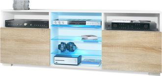 Vladon TV-Board Granada, Lowboard mit 2 Türen und 6 offenen Fächern, Korpus Weiß matt, Fronten in Eiche sägerau mit RGB LED-Beleuchtung (146 x 54 x 35 cm)