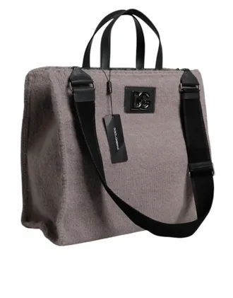 Dolce & Gabbana Mens Grey Alpaca Wool Logo Plaque Tote Shoulder Bag Gray