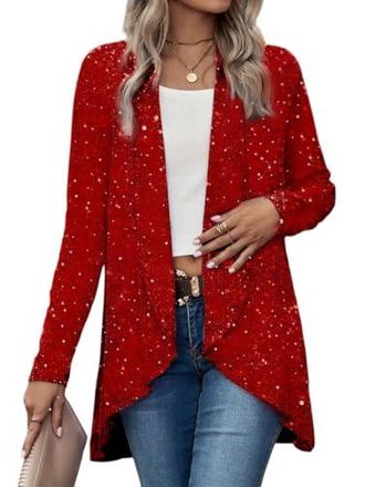 Generic Gilet &Agrave; Sequins pour Femme Coupe Cascade Devant Ouvert Drap&eacute; Paillettes Scintillantes Manches Longues Ourlet Asym&eacute;trique Haut &Eacute;l&eacute;gant Et Original pour